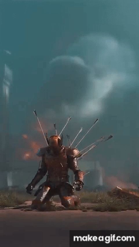 check comments for original| knight falls to his knees with arrows in back. on Make a GIF