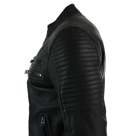 Slim Fit Washed Black Short Casual Real Leather Biker Jacket on Make a GIF