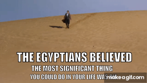Philomena Cunk falling talking about egyptians look on dying on Make a GIF