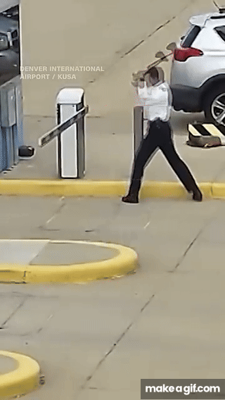 Pilot hits parking gate with ax on Make a GIF