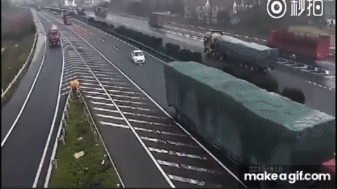 Car missed it exit and causes two semi trucks to CRASH on Make a GIF