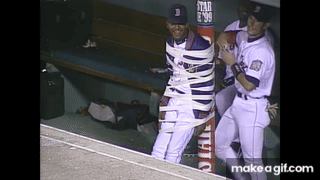 Red Sox tape Pedro to dugout pole at Fenway on Make a GIF
