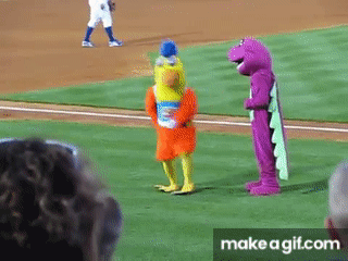 Famous Chicken battles Barney in a dance-off! on Make a GIF
